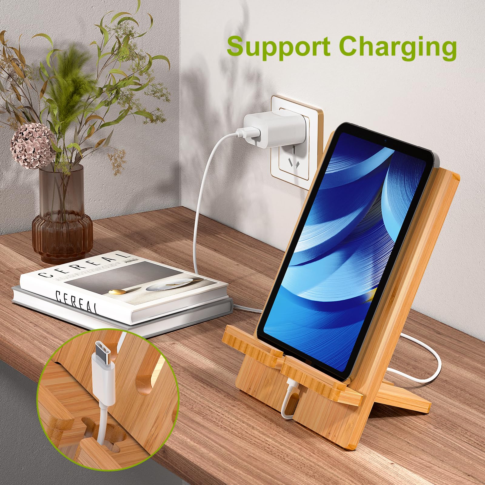 Pezin & Hulin Bamboo Tablet Stand Adjustable, Desktop Cell Phone Stand Holder Dock Compatible with Pad 9.7, 10.5, 12.9, Air 2 3 4 Mini, E-Reader, Phone 8 Plus X XS Max XR (Support to 4.7-13" Devices)