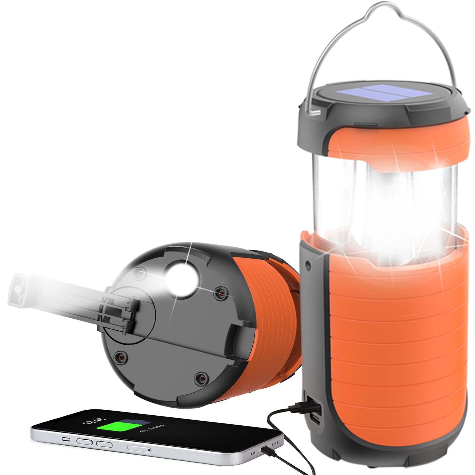 Leaton Camping Lantern Rechargeable,Type-C/ Hand Crank/ Solar powered,Waterproof Portable Ultra Bright LED Flashlight, 5000mAh battery Lanterns , Power Outages Outdoor Emergency Survival camping light