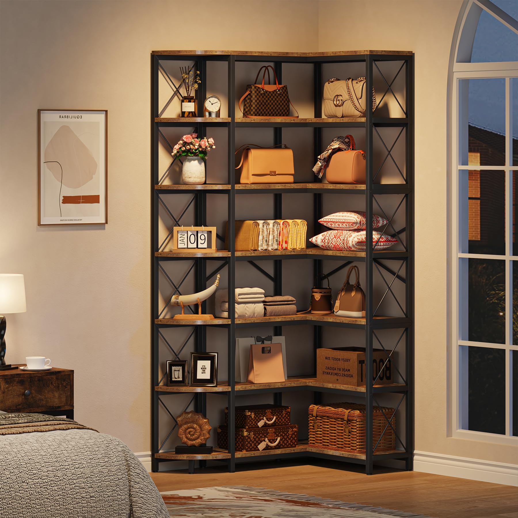 Condemo 7-Shelf Reversible Corner Bookshelf, Modern Industrial Tall Bookcase, 7-Tier Large L-Shaped Storage Shelf Display Rack with Metal Frame for Living Room, Home Office, Bedroom, Rustic Brown