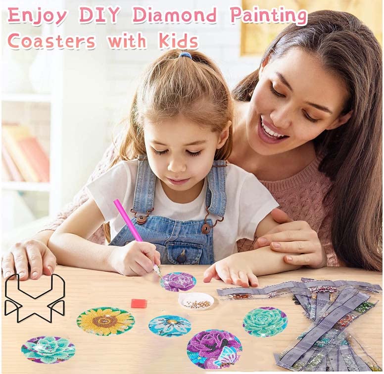 DOTZSO Diamond Art Painting Coasters,Diamond Dot Art DIY Coasters Art and Crafts for Adults Diamond Art Coaster Sets for Beginners Adults and Kids Art Craft Supplies(Flower)