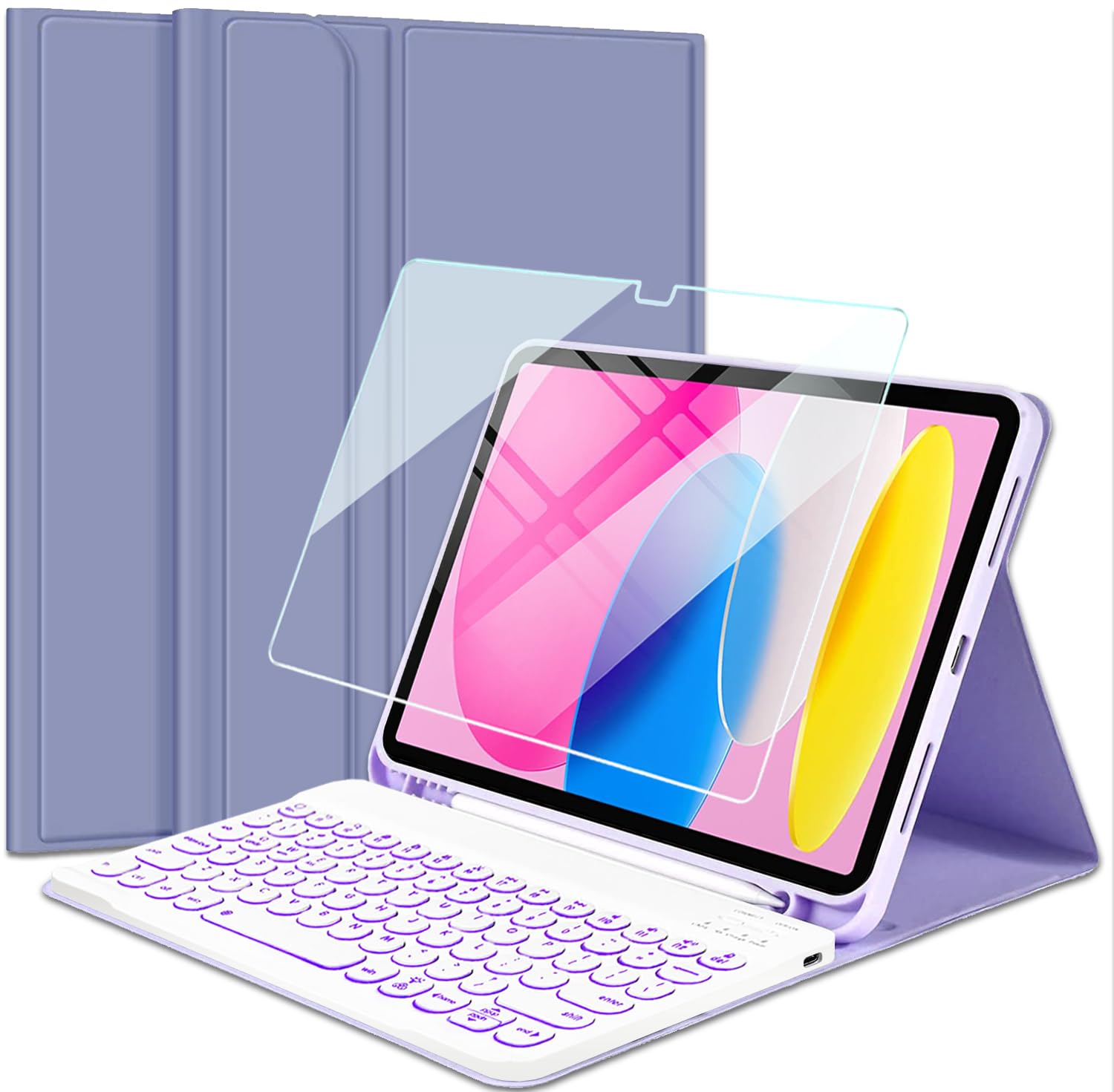 REAL-EAGLE Backlit Keyboard Case for iPad 10th Generation (2022) 10.9 Inch with Screen Protector, 7 Colors Light Wireless Detachable Keyboard with Purple Protective Folio Cover Case