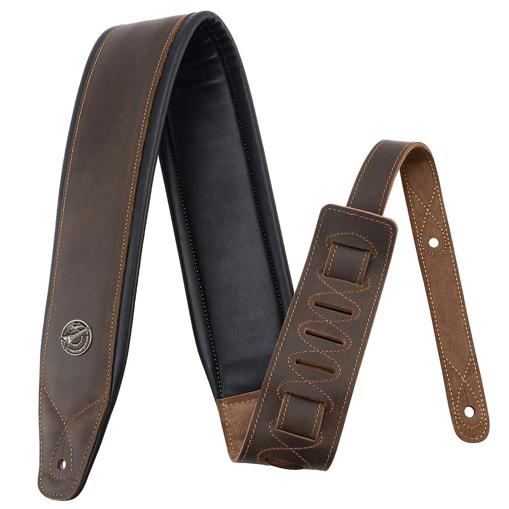 BestSounds Guitar Strap Leather 3 Inch Wide Full Grain Padded Soft Leather Strap for Acoustic, Electric and Bass Guitars (Whiskey Brown)