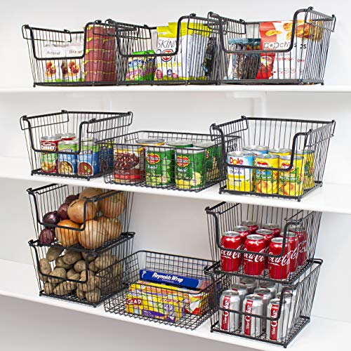 Sorbus Wire Metal Basket Bin, Stackable Storage Baskets, Cubby Bins for Food, Kitchen, Home, Pantry Snack, Vegetable, Potato, Onion, Laundry Room, Office, Farmhouse, Iron Metal (3-Pack, Black)