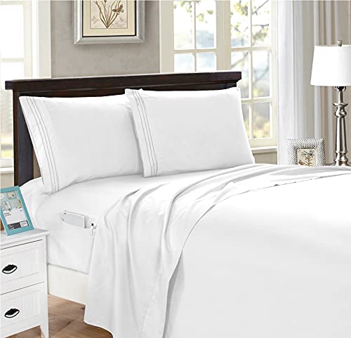 Elegant Comfort 4-Piece Queen- Smart Sheet Set! Luxury Soft 1500 Thread Count Egyptian Quality Wrinkle and Fade Resistant with Side Storage Pockets on Fitted Sheet, Queen, White