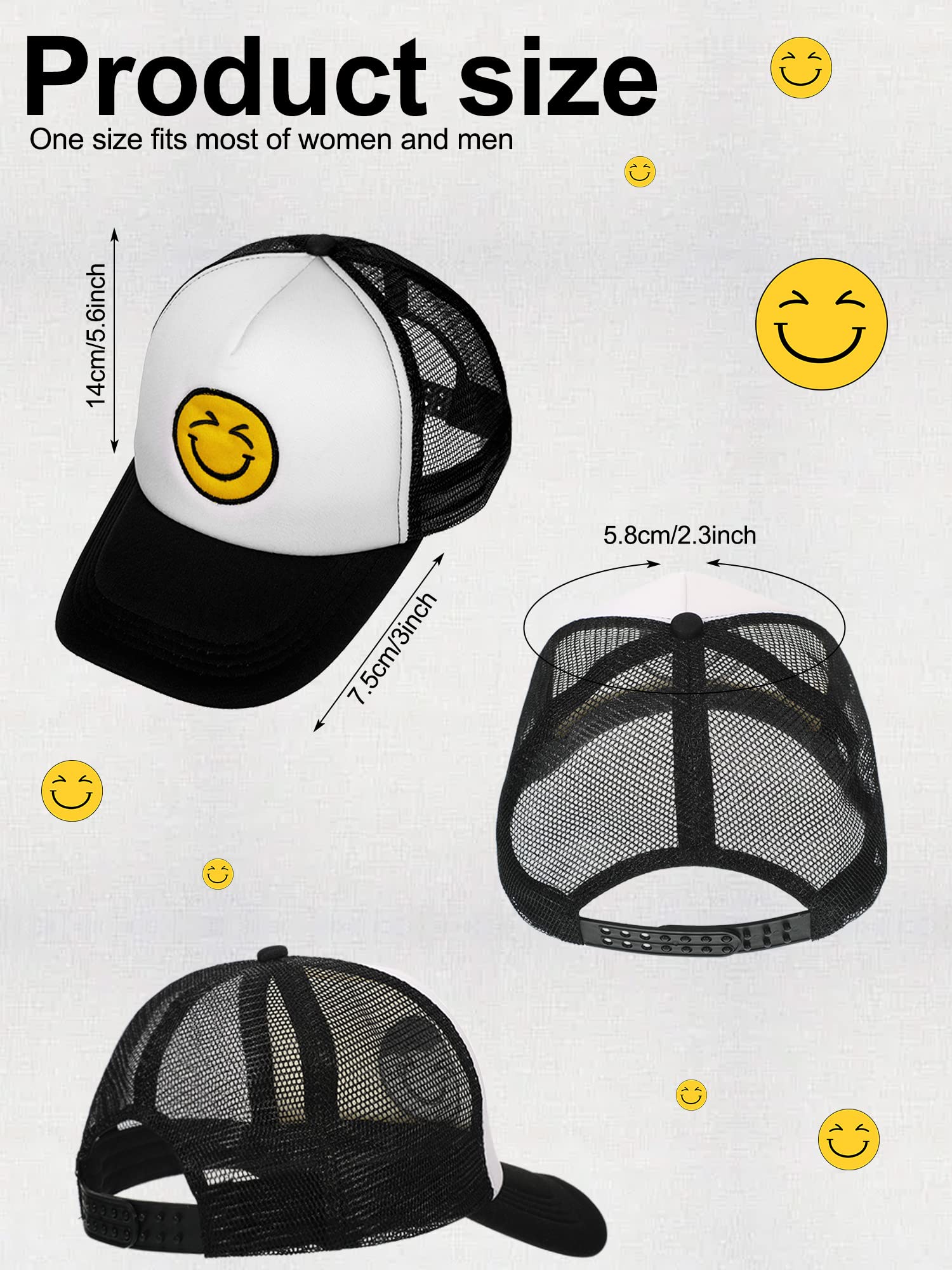 3 Pieces Smile Face Baseball Hats Adjustable Mesh Back Caps Summer Foam Mesh Cap Trucker Hats for Women Men