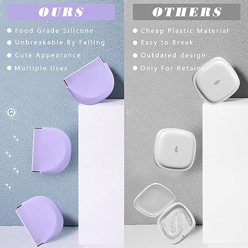 ChezMax Retainer Case 2 Pcs, Silicone Mouth Guard Case with Vent Hoels, Cute Denture Container Braces Holder for Women Kids Men, Portable Travel Aligner Cleaner Case for Invisalign Accessories(Purple)