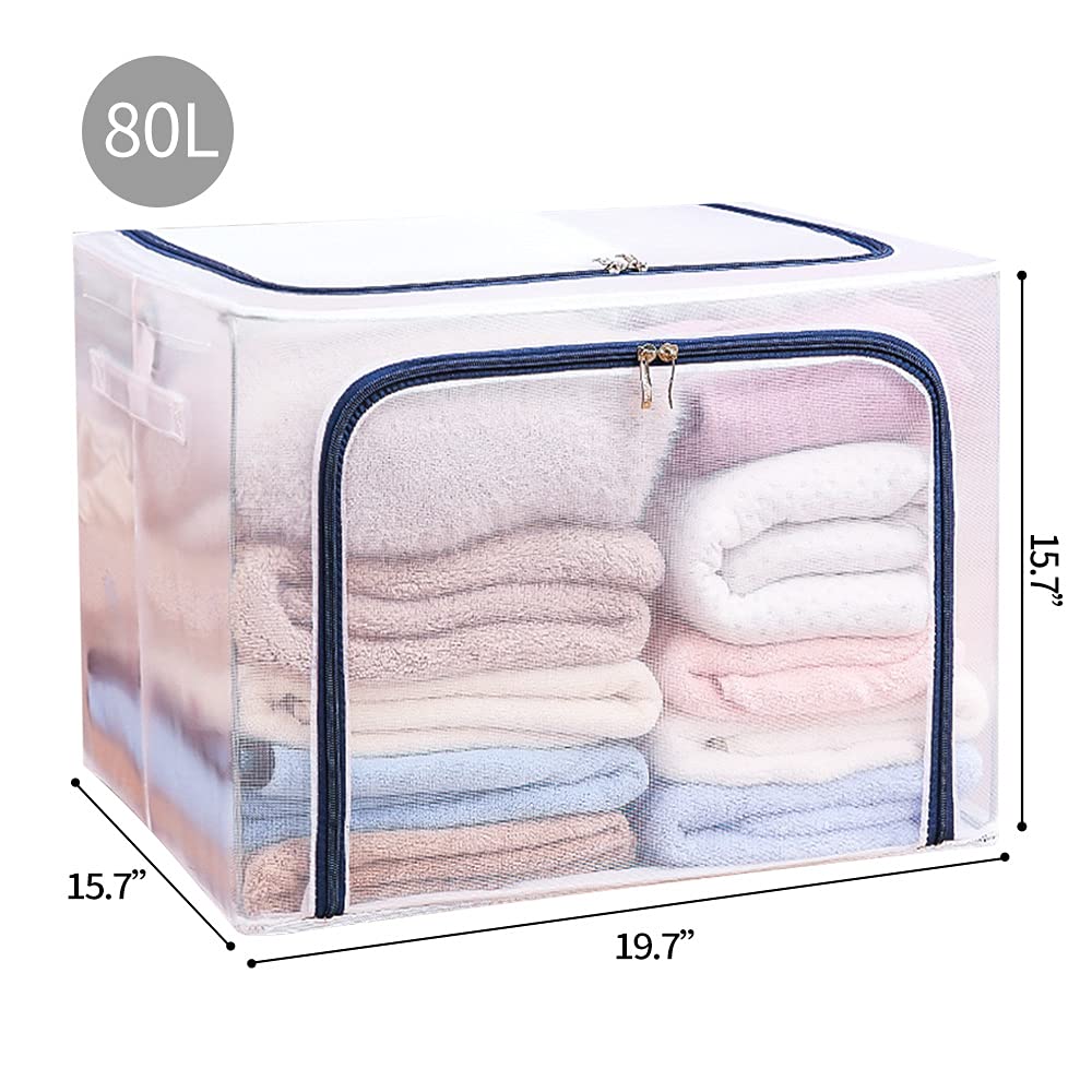 BESTUNIHOM PVC Clear Storage Box,Waterproof Storage Closet Organizers Office Storage Bins Double-way Zippers, Pack of 2 Blue 80L SNX-JWB012PBL80