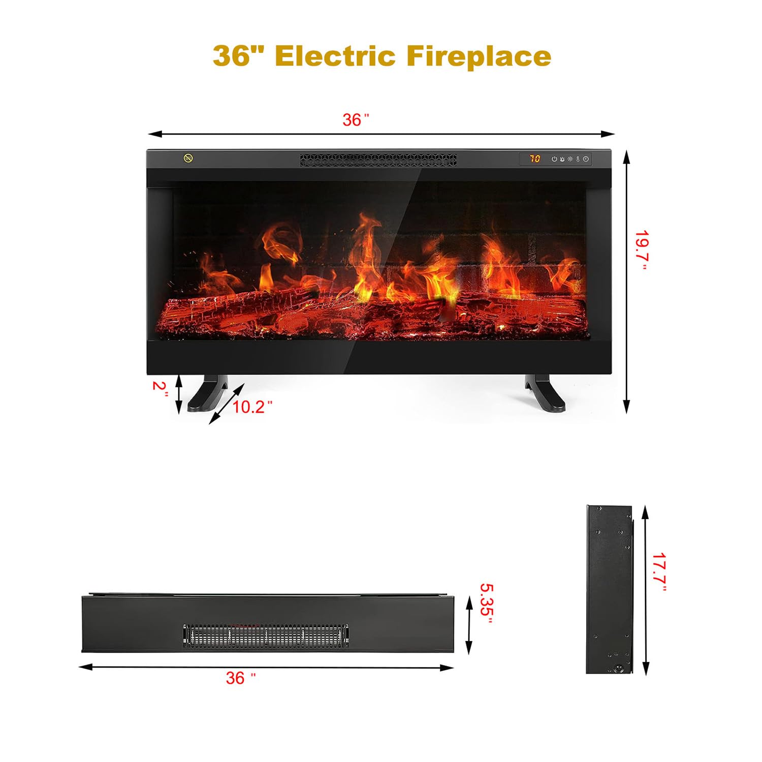 36 Inch Electric Fireplace Heater Wall Mounted and Freesatnding with Remote Control, Linear Electric Fireplace Inserts Adjustable Flame Brightness, Timer, 1500W Heater, Large Window and Indoor Use