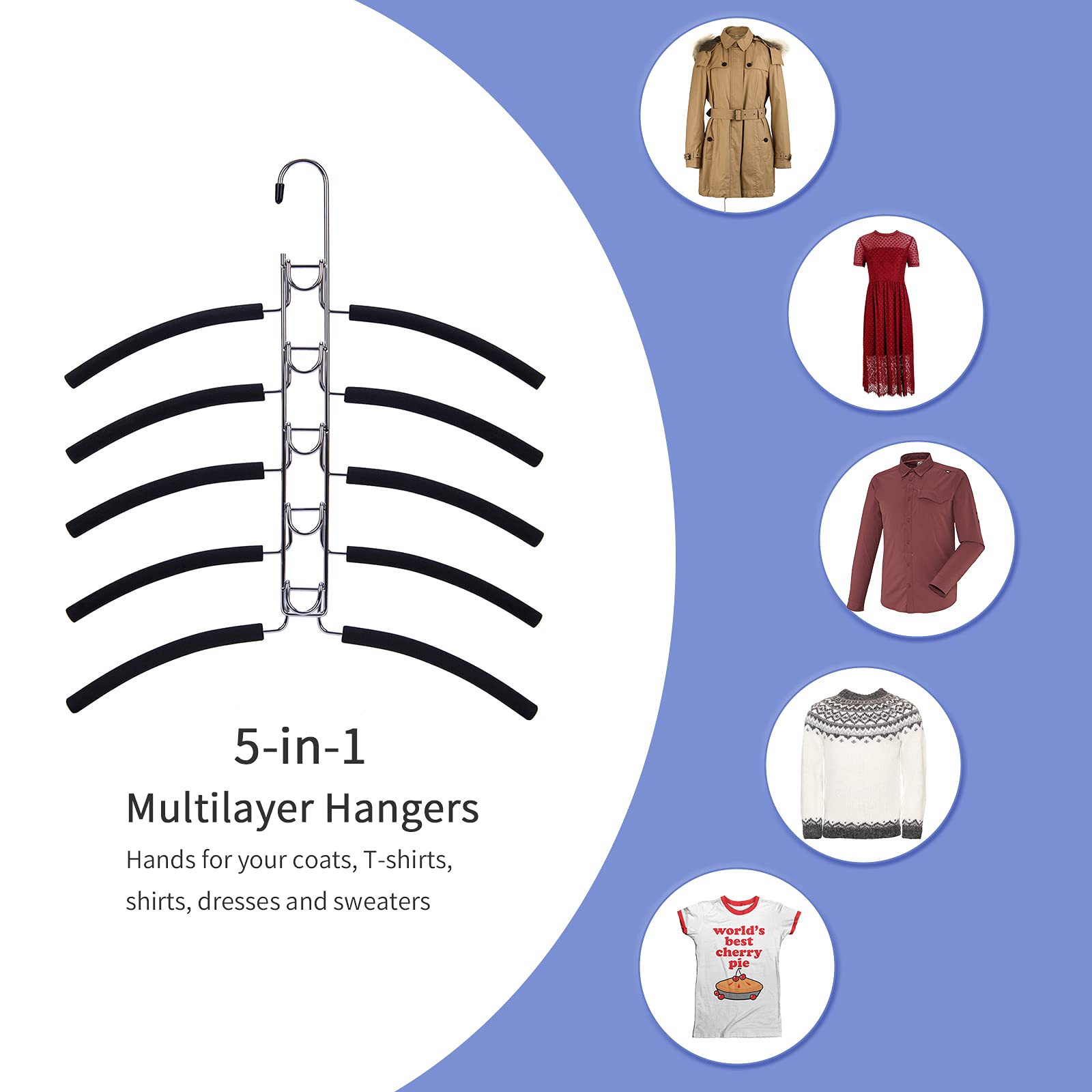 Nature Smile 2 Pack 5 in 1 Anti Slip Metal Sweater Coat Hangers,Multi Layers Wardrobe Clothes Rack,Heavy Duty Metal Space Saver Shirt Blouse Hanger Closet Storage Organizer