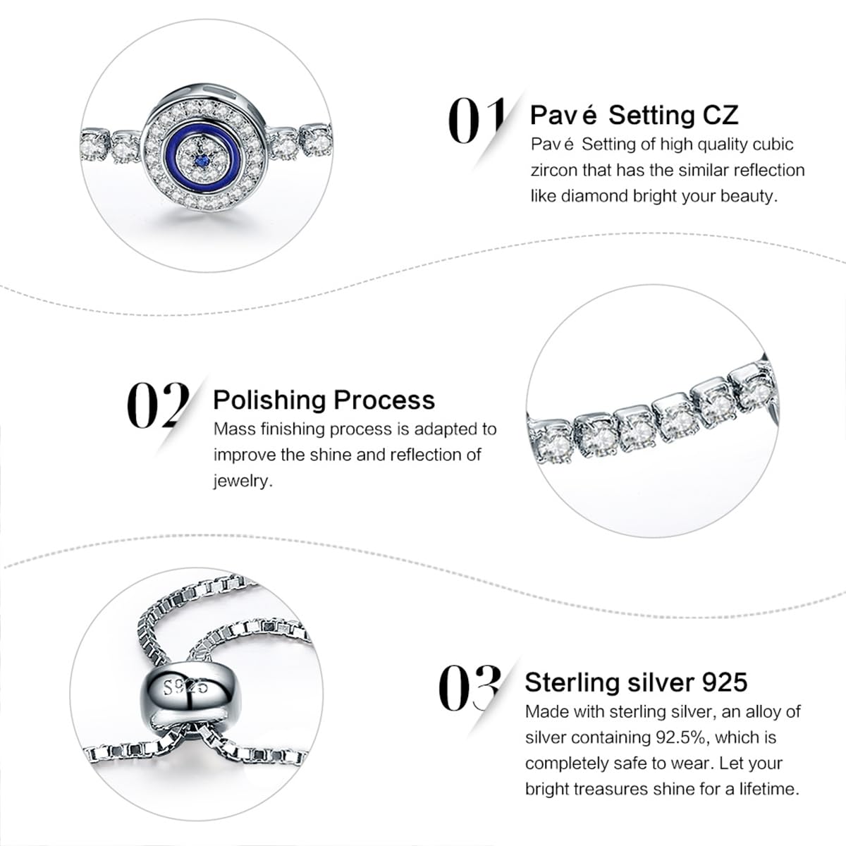 BISAER Blue Evil Eyes Tennis Bracelet 925 Sterling Silver Luck Bracelet with Cubic Zirconia Chain Adjustable for Women