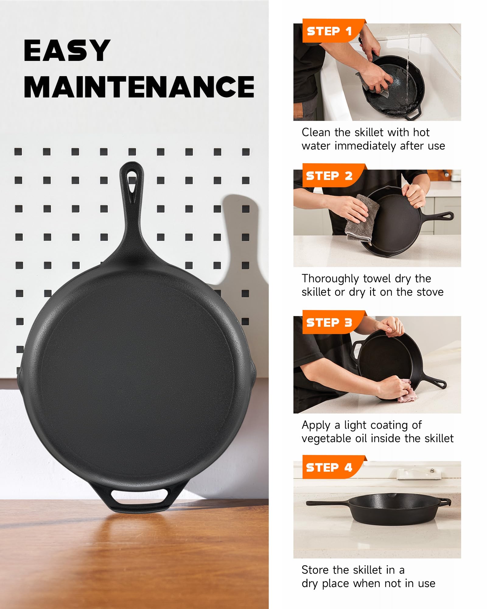 DARTMOOR Pre-Seasoned Cast Iron Skillet, 12 in Cast Iron Frying Pan with Handle, Protective Covers, & Pour Spouts, Safe Grill Cookware with Non-Stick Surface, Cast Iron Pan for Indoor & Outdoor Use