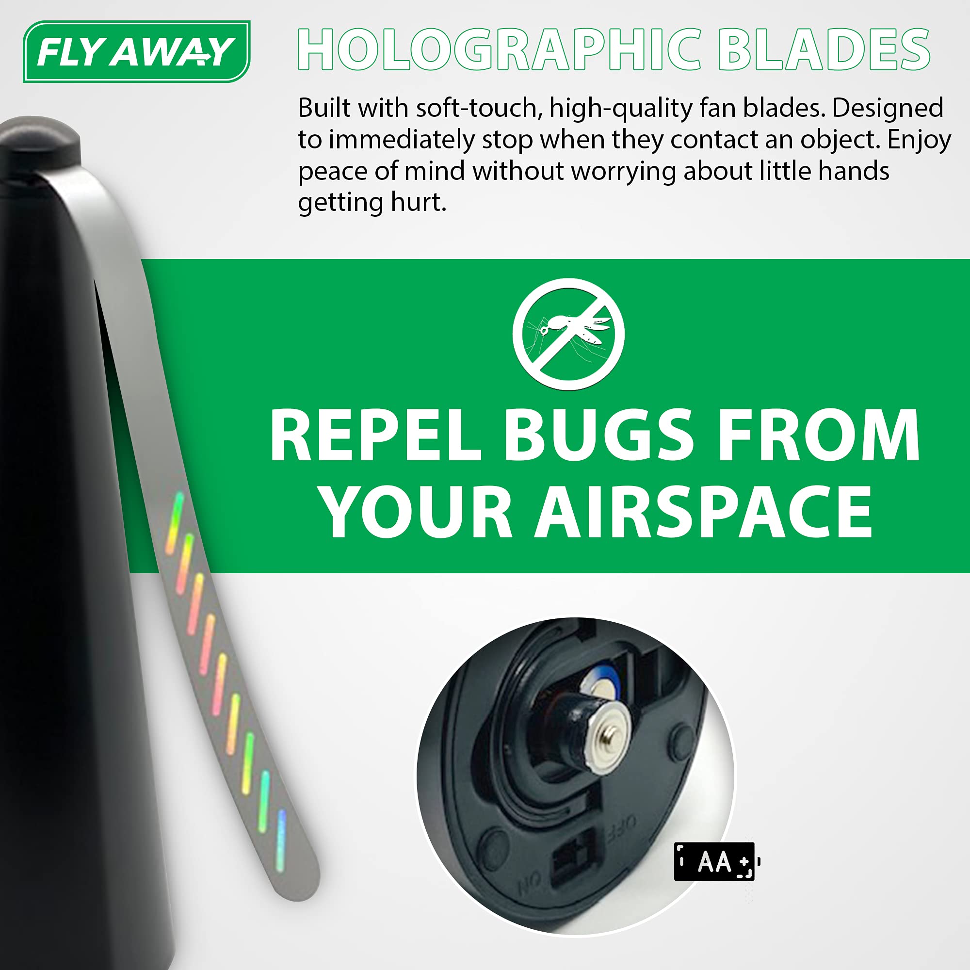 Fly Away - 3 Pack Outdoor Fly Repellent Fan, Outside or Inside Table use, Restaurant, Barbeque, Events, Deter Flies, Wasps, Bees, Other Moscas and Bugs Away, Battery Operated, Tabletop, Hanging Hook.