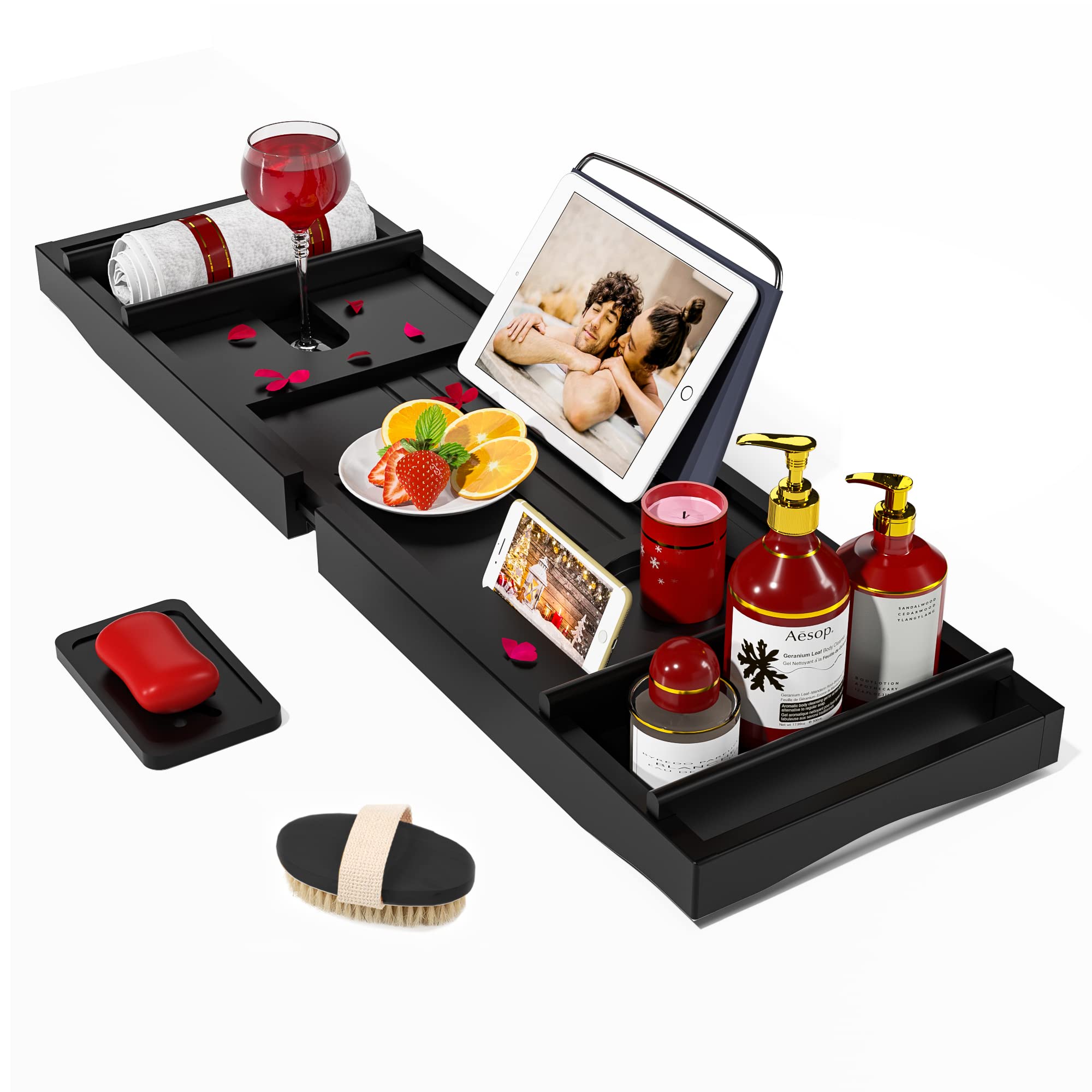 Bathtub Tray Bath Caddy Expandable-Bathtub Shelf for Tub As Gift Idea to Lovers with Free Soap Holder and Shower Brush Black…