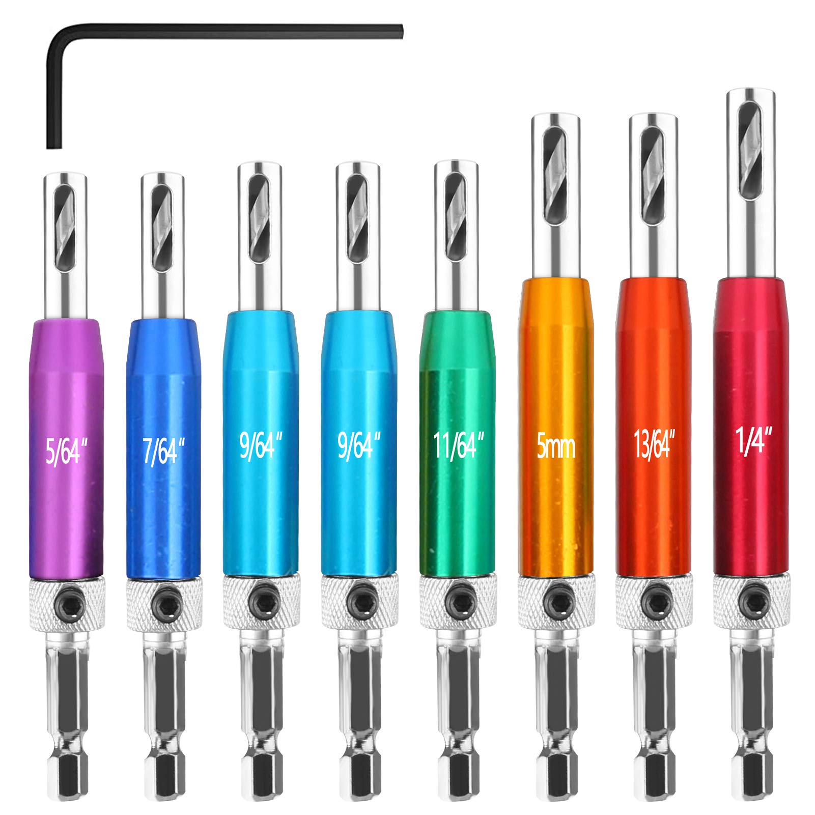BicycleStore Self Centering Drill Bit Set, Hex Shank Self Center Hinge Drill Bits Tool for Woodworking Window Door Hinge with 1 Hex Key and 8 Drill Bits (Colorful 9PCS)