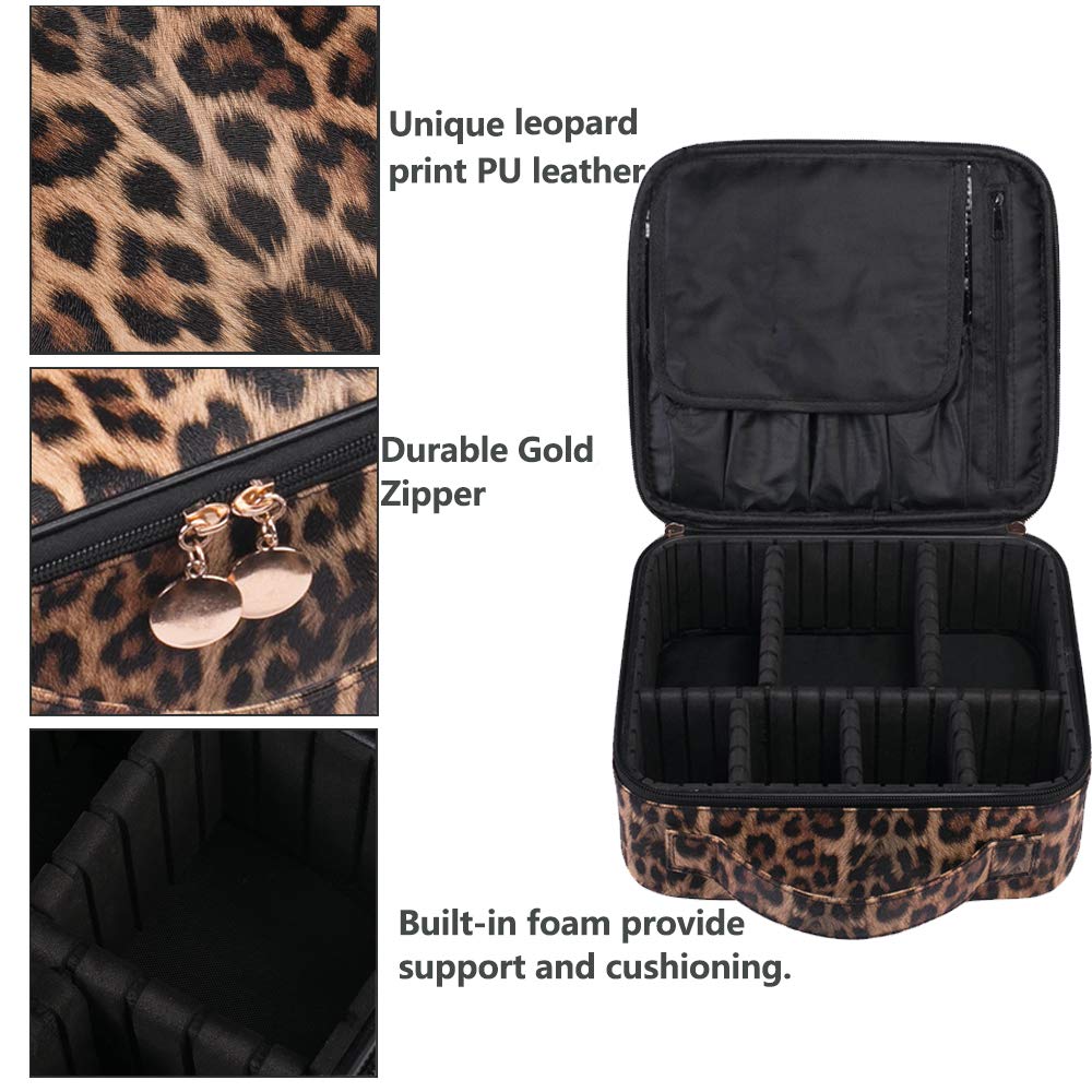 OXYTRA Makeup Bag Leopard Print PU Leather Travel Cosmetic Bag for Women Girls - Cute Large Makeup Case Cosmetic Train Case Organizer with Adjustable Dividers for Cosmetics Make Up Tools