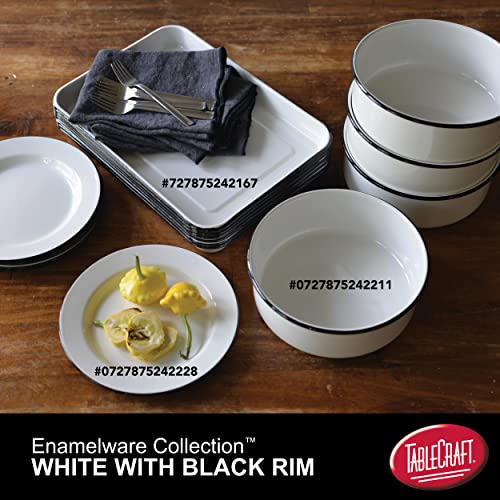 Tablecraft Enamelware Collection Black Rim Solid White Enamel Deep Bowl Baking Pan, Camping, Farmhouse, Home & Restaurant, Porcelain over Steel, Vintage, Boho, Retro, 10.13" Round, 3.6" Deep