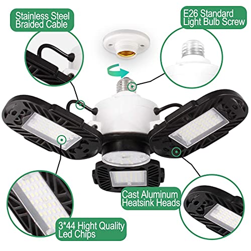 OOOLED LED Garage Lights 2 Pack, 100W Garage Light, Deformable LED Garage Ceiling Lights Supporting E26/E27 Base, 12500LM 6500K Cold White, LED Lights for Garage, Warehouse, Workshop, Basement