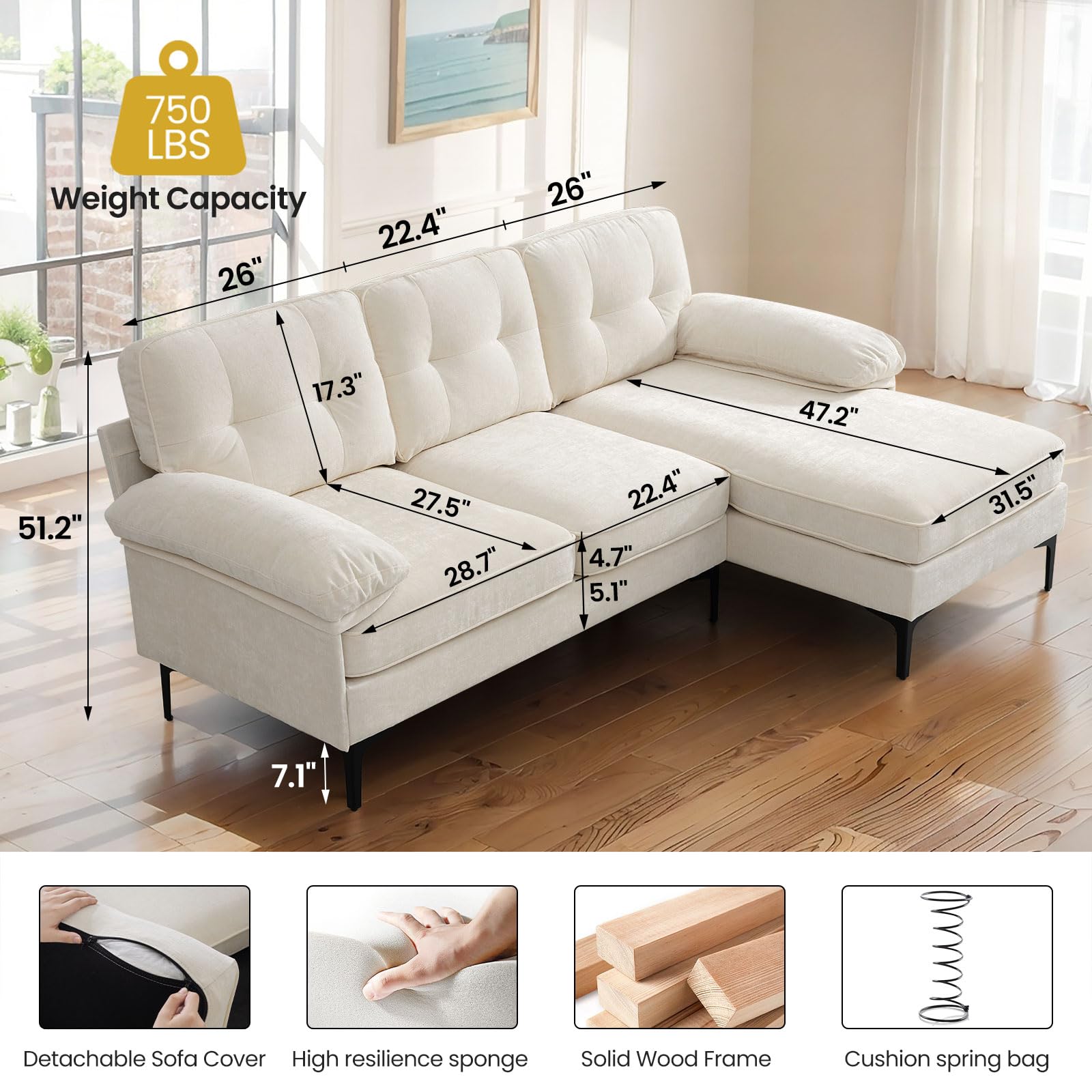 82" White Sectional Couch w/Chaise, Chenille Cream Convertible L Shaped Sofa Couch, Mid-Modern Century 3 seat Pet-Friendly Couch for Living Room, Apartment, Office with Removable & Washable Cushions
