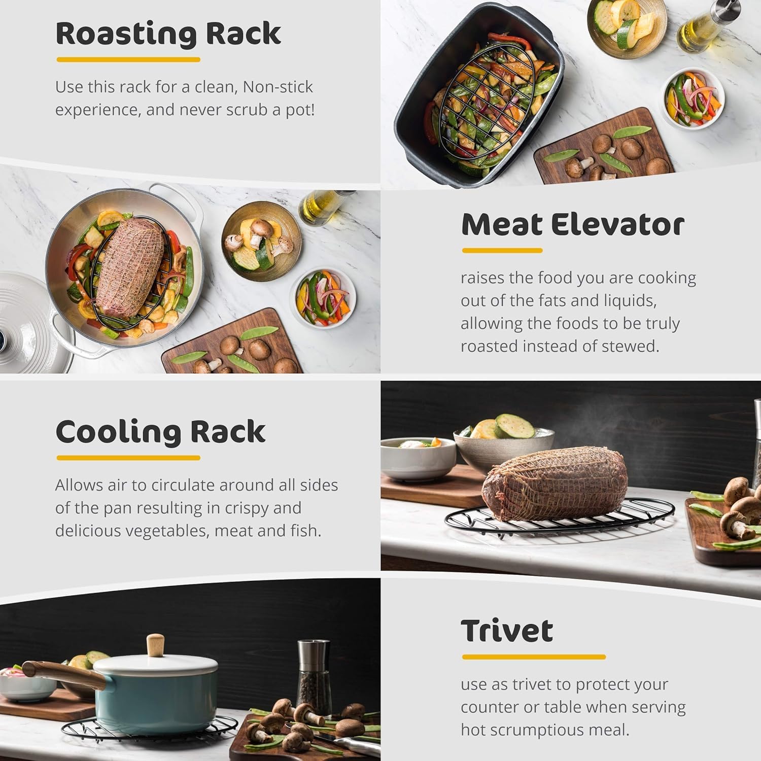 Black Oval Roasting Rack with Integrated Feet | Stainless Steel Kitchen Rack With Non-Stick Coating, PTFE Free | Oven and Dishwasher Safe | Ideal for Cooking, Large Turkey Roasting, Drying, Grilling
