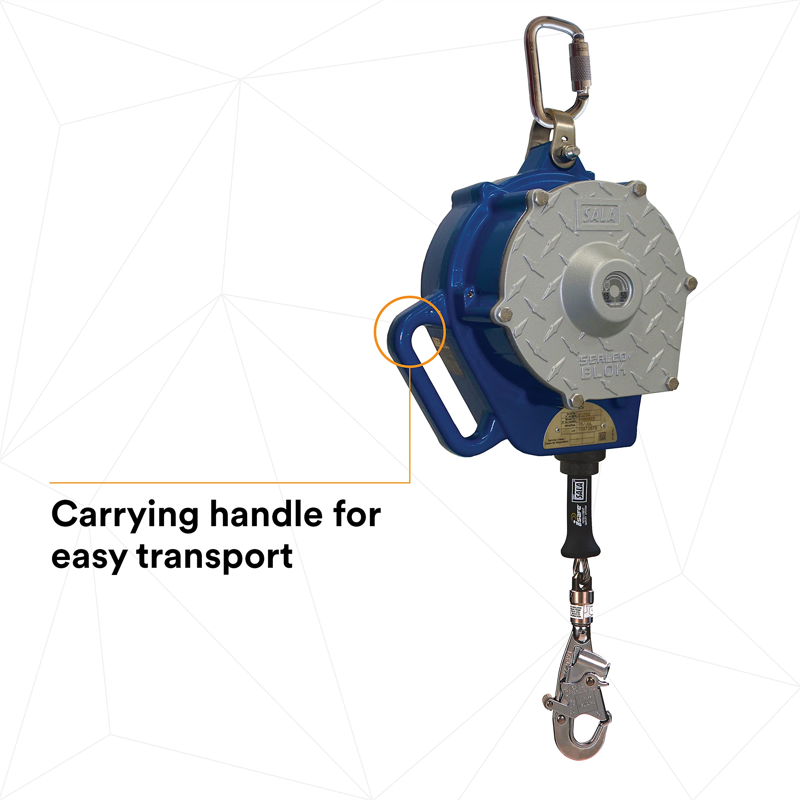 3M DBI-SALA Sealed-Blok 3400902 Self Retracting Lifeline 50' 3/16"" Cable, Swivel Snap Hook, 4' Cable Tie-Off Adaptor, MountBracket, Carabineer, Blue