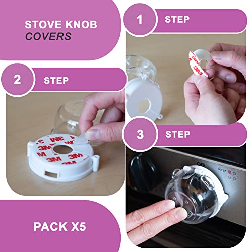 COZYCUDDLES Stove Knob Covers Protector Kit with Adhesive Tapes - Easy to Use Covers for Gas Stoves - Child Safety Guards for Baby and Toddler Proofing - 5 Pieces (Standard Size Stove Knobs)