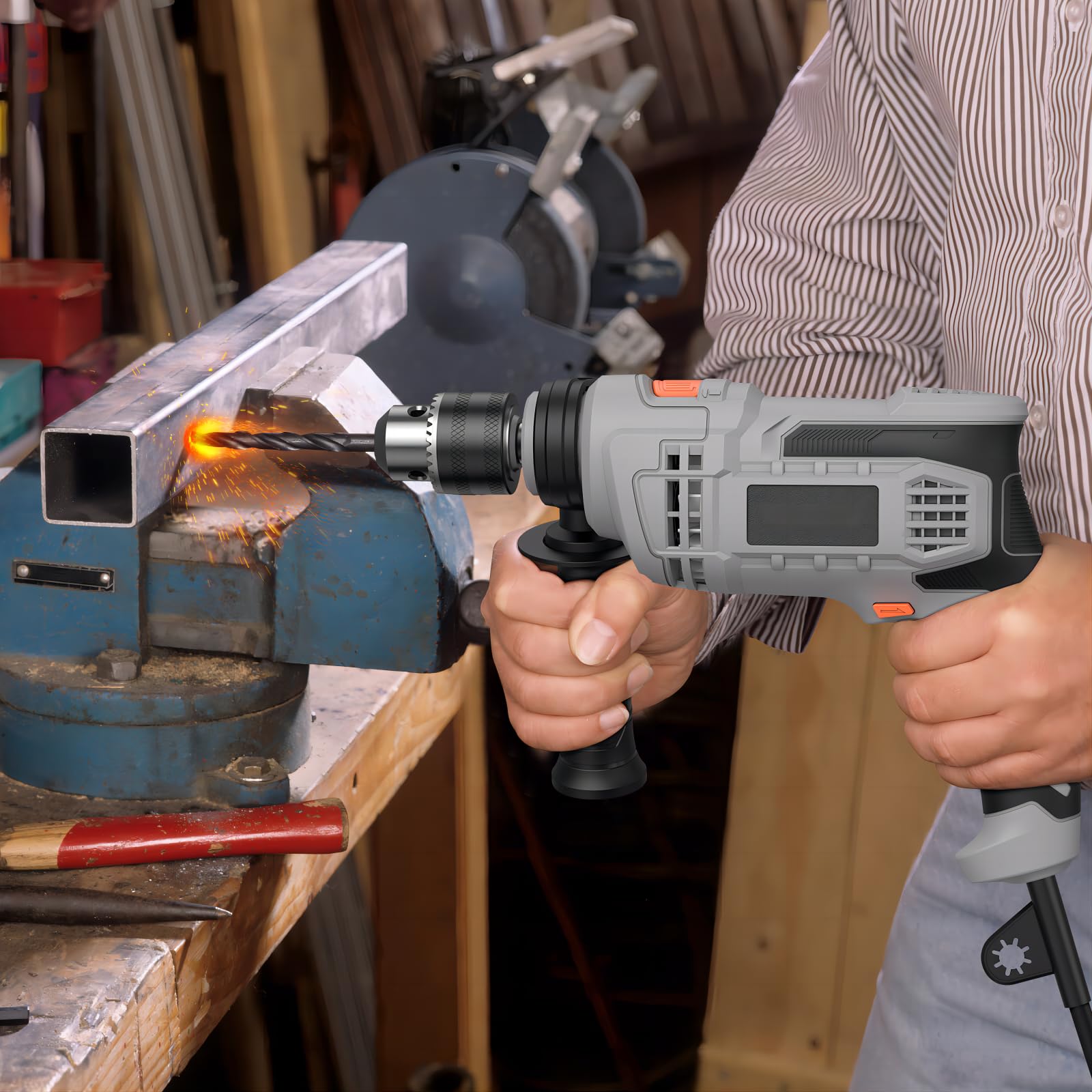 850W Electric Impact Drill, 7-Amp Hammer Drill, 1/2-Inch Electric Hammer Drill with 3000RPM, Variable Speed, 10 Drill Bits, for Concrete Floors, Walls, Bricks, Stone