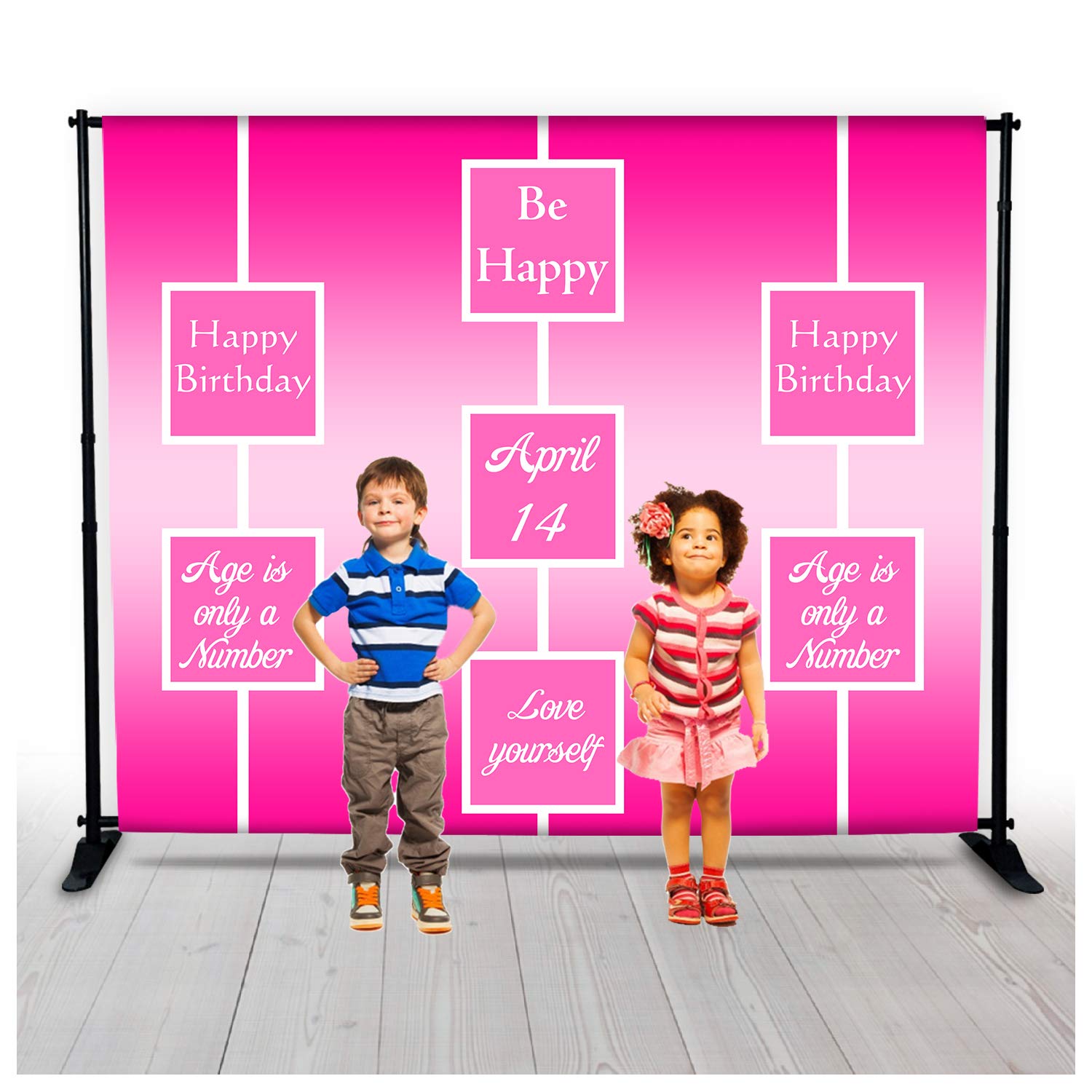 BannerBuzz Happy Birthday Age is Only a Number Step and Repeat Banner, Graphic with Hardware, 11 oz. PVC Flex, 720 DPI Eco-Solvent Printing, for Events and Parties, Photography Background (8'W x 6'H)