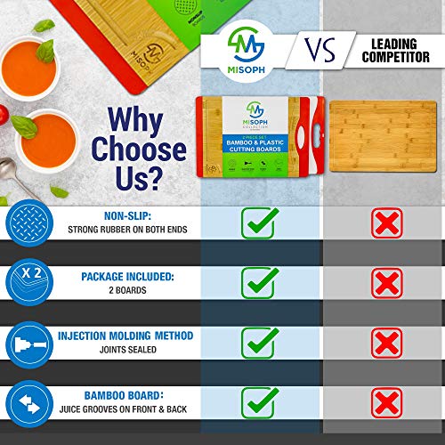 Organic Bamboo and Plastic Cutting Boards for Kitchen (2 Piece Set), Featuring Juice Grooves, Non-Slip, Grip on Granite Counter, Double Sided Chopping Board, BPA Free, by PandPal