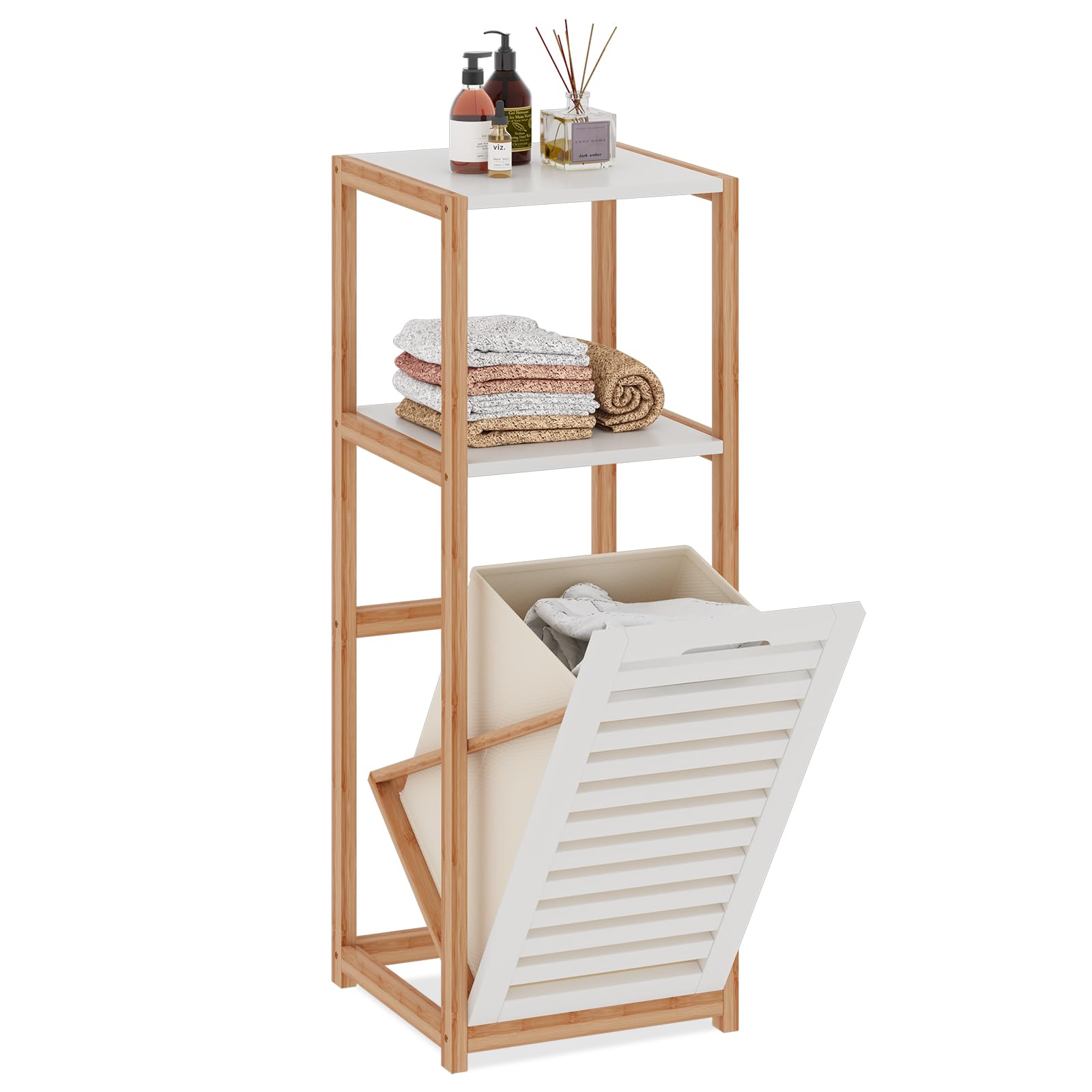 aboxoo Tilt-Out Laundry Hamper Freestanding Clothes Basket Shelf & Removable Liner,Dirty Clothes Hamper Storage Cabinet Laundry Shelf for Bedroom, Laundry Room, Bathroom,White
