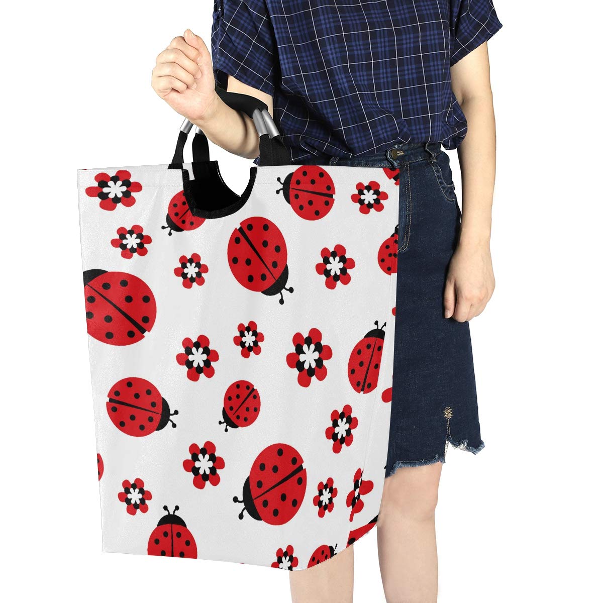 Ladybugs Laundry Hamper, Flower Floral Foldable Laundry Basket with Handles Collapsible Hamper Dirty Clothes Toys Organizer Bag for Laundry Room, Bathroom, Bedroom, College Dorm, Girl Boy Room