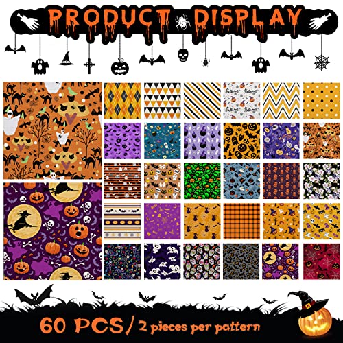 60 Pcs 10 x 10 Inch Halloween Fabric Polyester Fabric Bundle Fat Quarters Bat Pumpkin Ghost Skull Print Fabric Squares Holiday Quilting Fabric for DIY Decorations Sewing Craft, 30 Styles (Ghost)