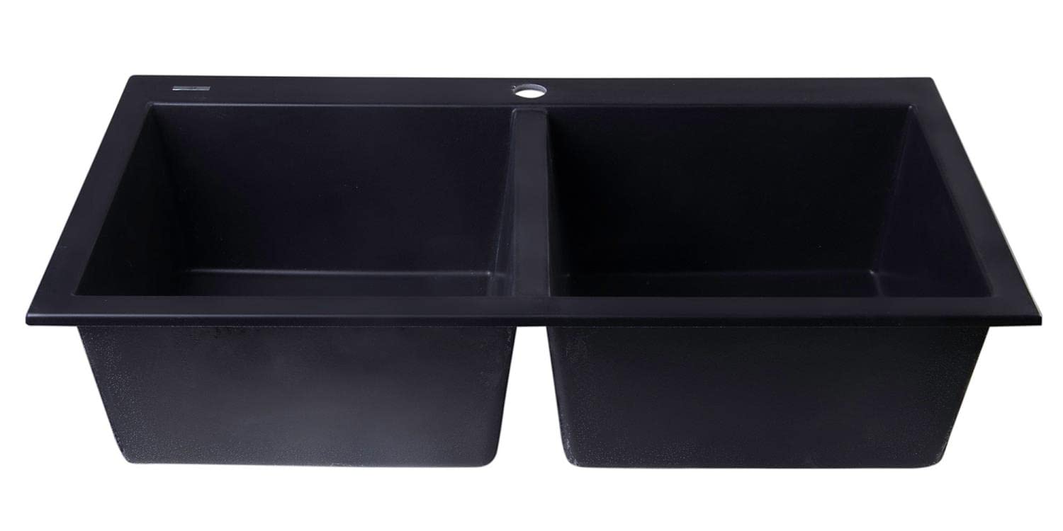 ALFI brand AB3420DI-BLA Drop-In Double Bowl Granite Composite Kitchen Sink, 34", Black