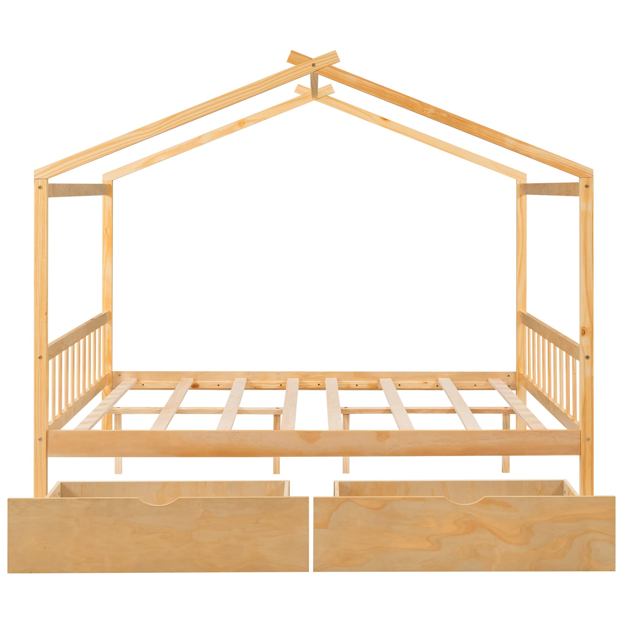 Harper & Bright Designs Full Size House Bed for Kids, Montessori Bed, Wood Full Platform Bed Frame with 2 Storage Drawers, Headboard and Footboard, Full Storage Bed for Kids, Girls & Boys, Natural