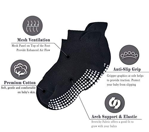 EPEIUS Baby Socks with Grips Cotton Breathable Mesh Infant Girls/Boys Non Slip/Skid Socks for 6-12 Months,12 Pairs Pack,Mixed Color,Black and White and Grey