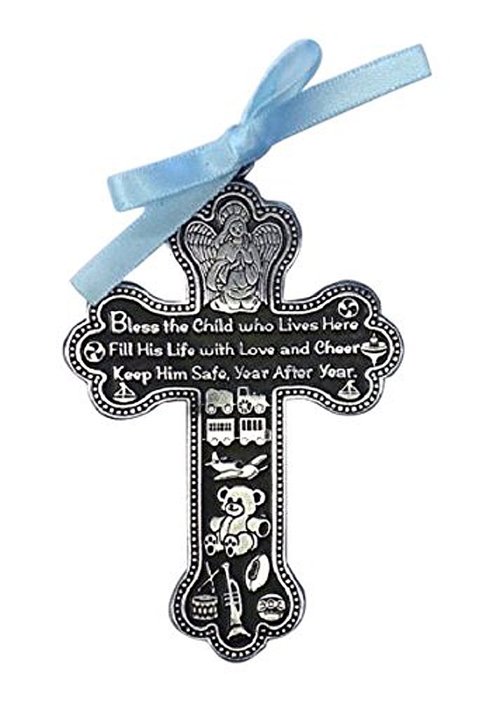 Boy's Pewter Bless This Child Guardian Angel Baptism Crib Medal, 4 Inches