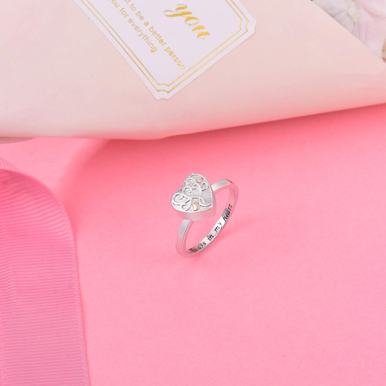 925 Sterling Silver Heart Tree of Life Flower Cremation Urn Ring for Ashes for Women Hold Loved Ones Finger Ring Memorial Keepsake Jewelry (10)