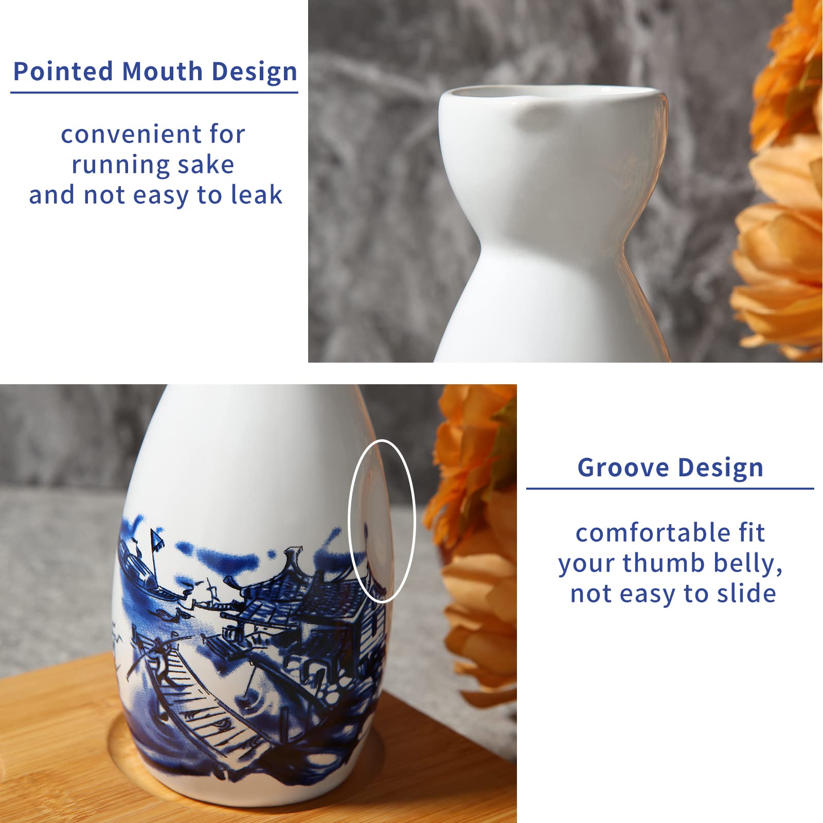 ABuff Japanese Sake Set, 1 Tokkuri Bottle & 4 Ochoko Cups with a Wooden Tray, Ceramic Sake Set Microwave and Dishwasher Safe