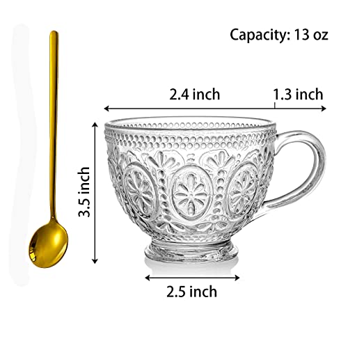 Bekith Set of 4 Glass Coffee Mugs 13 Ounces, Vintage Glass Coffee Mugs with Spoons, Clear Embossed Glass Cups Set for Cappuccino, Latte, Cereal, Yogurt, Tea, Beverage Hot/Cold