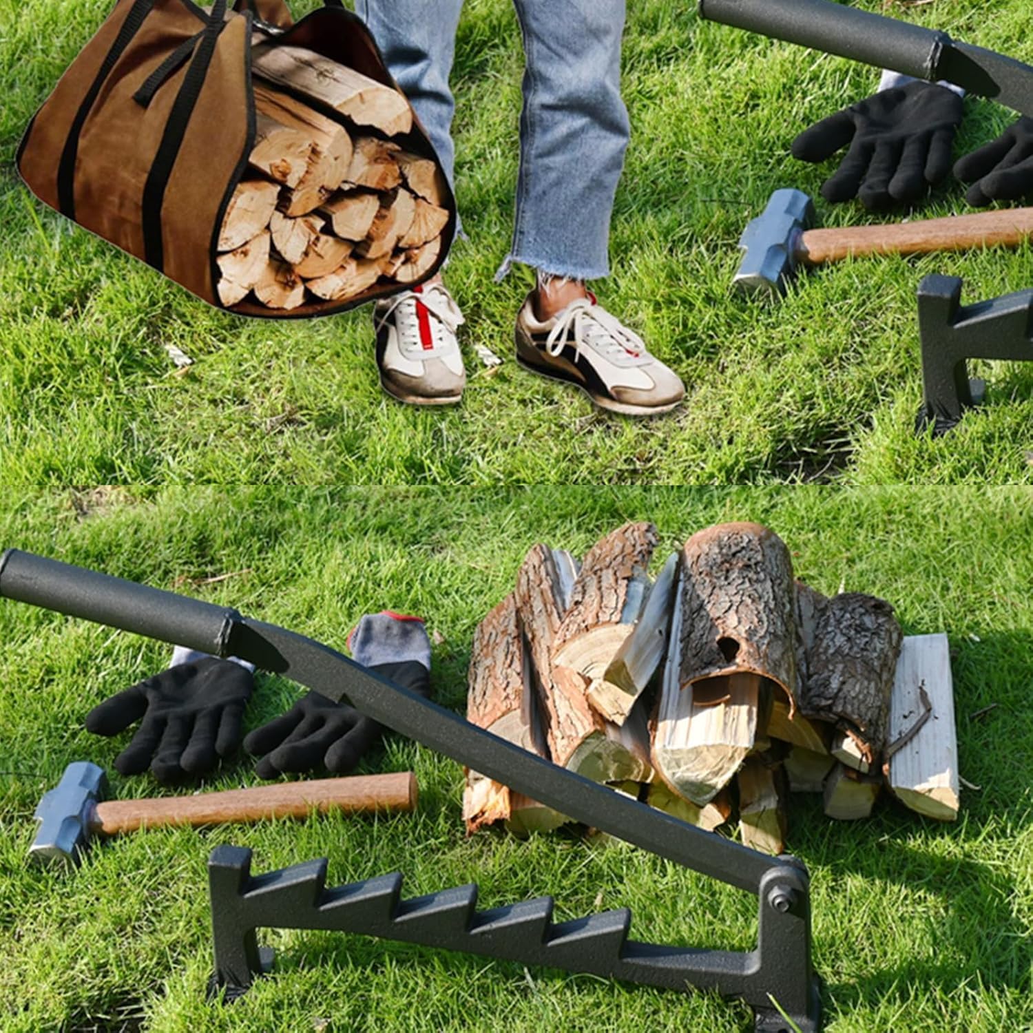 ABX Kindling Splitter, Log Splitter, Wood Splitter Cutter Heavy Duty, Wall Mounted Carbon Steel Firewood Splitter, with Firewood Storage Bag*1, Storage Loop*1, Gloves*2