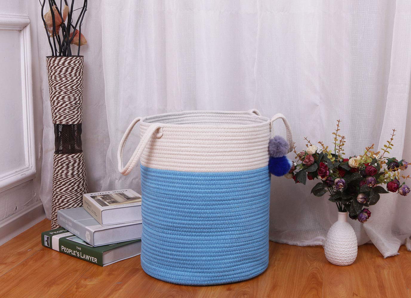 CraftEarth Blue Storage Basket for Nursery 40 by 35 cm - Woven Decorative Basket Large Natural Cotton Rope Basket with Handles
