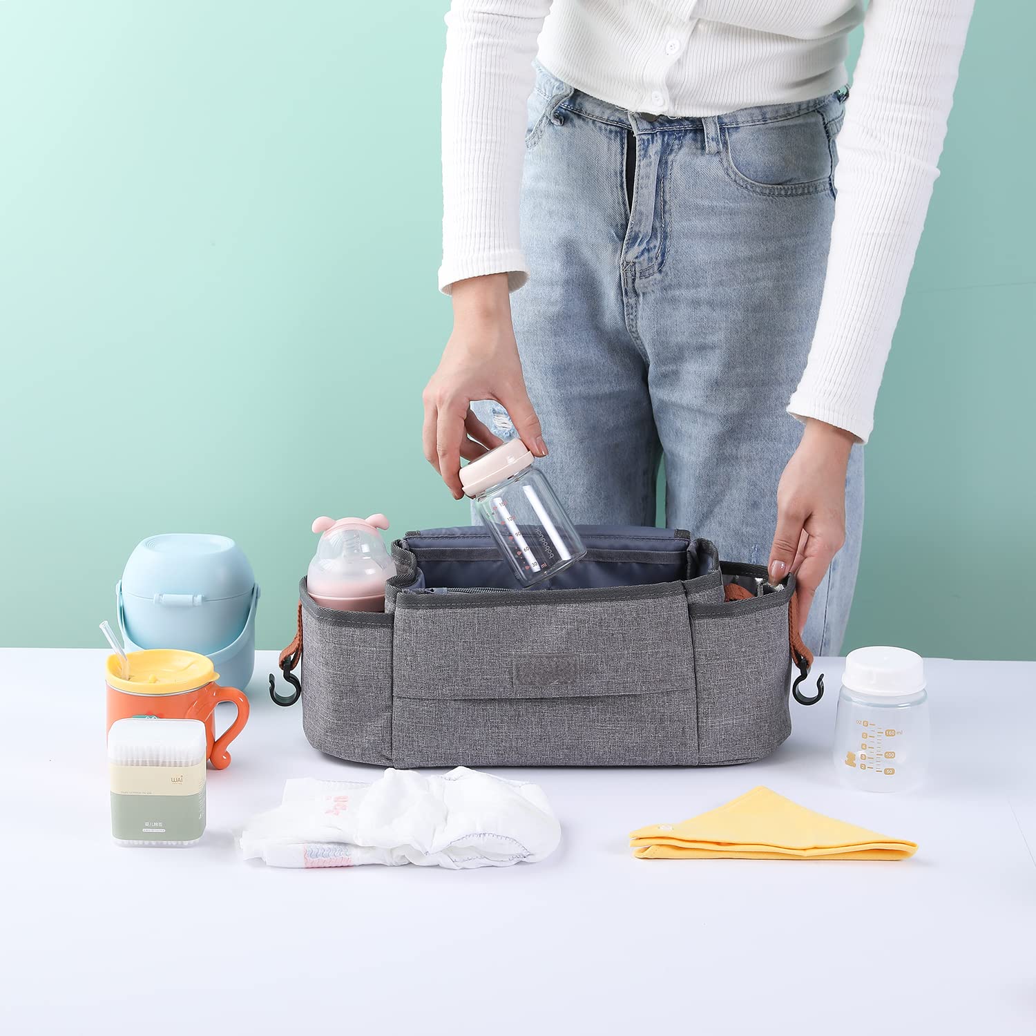 ASunine Large Space Stroller Organizer Bag, Universal Stroller Accessories Bag with 2 Cup Holders, Multiple Pockets for Bottle, Diaper, Phone, Toys, Baby Items