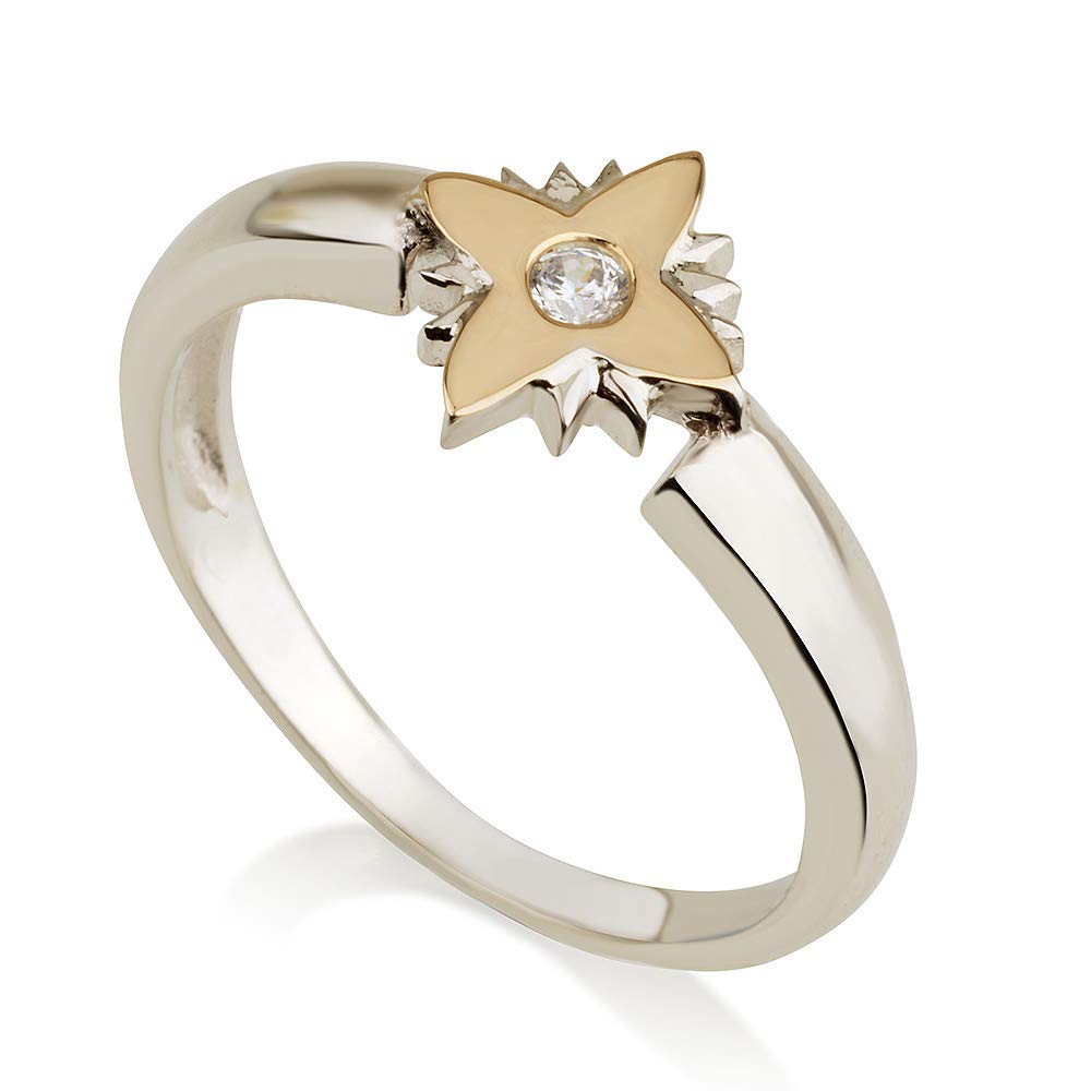 925 Sterling Silver 9k Gold Ring Shooting Star Of Bethlehem 0.16" White Round Cubic Zirconia Art Handmade Jewelry Israel Gifts Bible Blessings Rare Spiritual Hebrew Kabbalah Holyland Jewish Unique