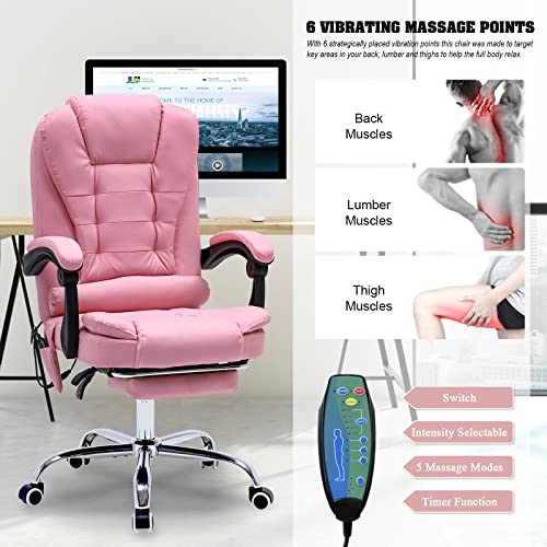 Belandi Massage Office Chair, Ergonomic Executive Computer Chair w/Foot Rest, PU Leather Executive Office Chair w/Heated, Padded Armrest, High Back Swivel Recliner for Office Home Study (Pink)