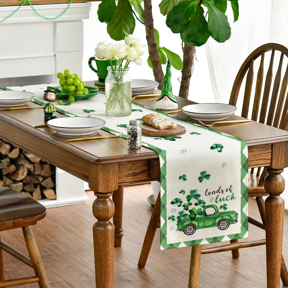 Artoid Mode Buffalo Plaid Edge Shamrock Loads of Luck St. Patrick's Day Table Runner, Seasonal Spring Holiday Kitchen Dining Table Decoration for Indoor Outdoor Home Party Decor 13 x 72 Inch