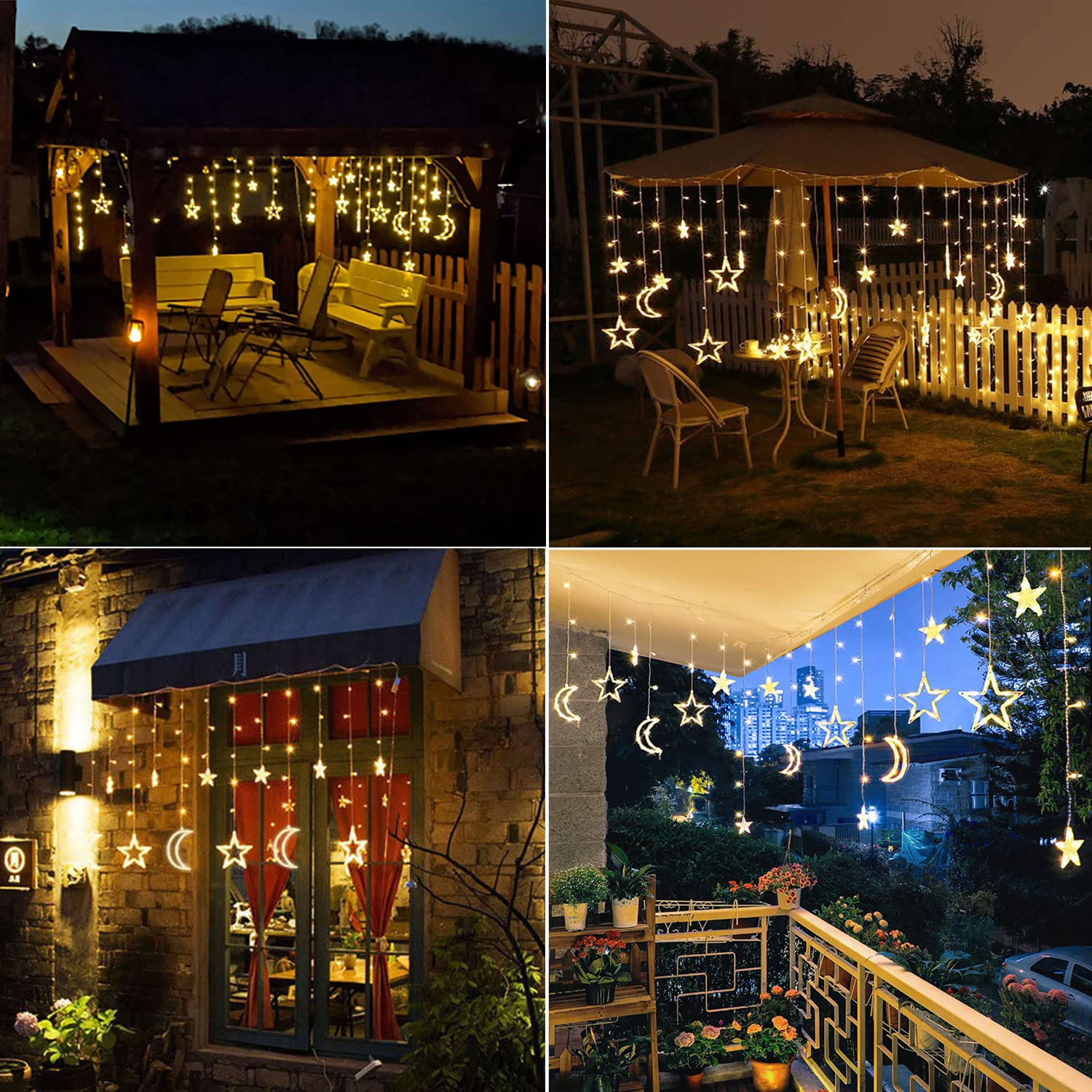 CSX Solar String Lights 138LED Moon Star Twinkle Lights with Remote 8 Lighting Modes Curtain Lights Window Lights Hanging Fairy Lights Outdoor Waterproof for Yard Garden Patio Ramadan Christmas Decor