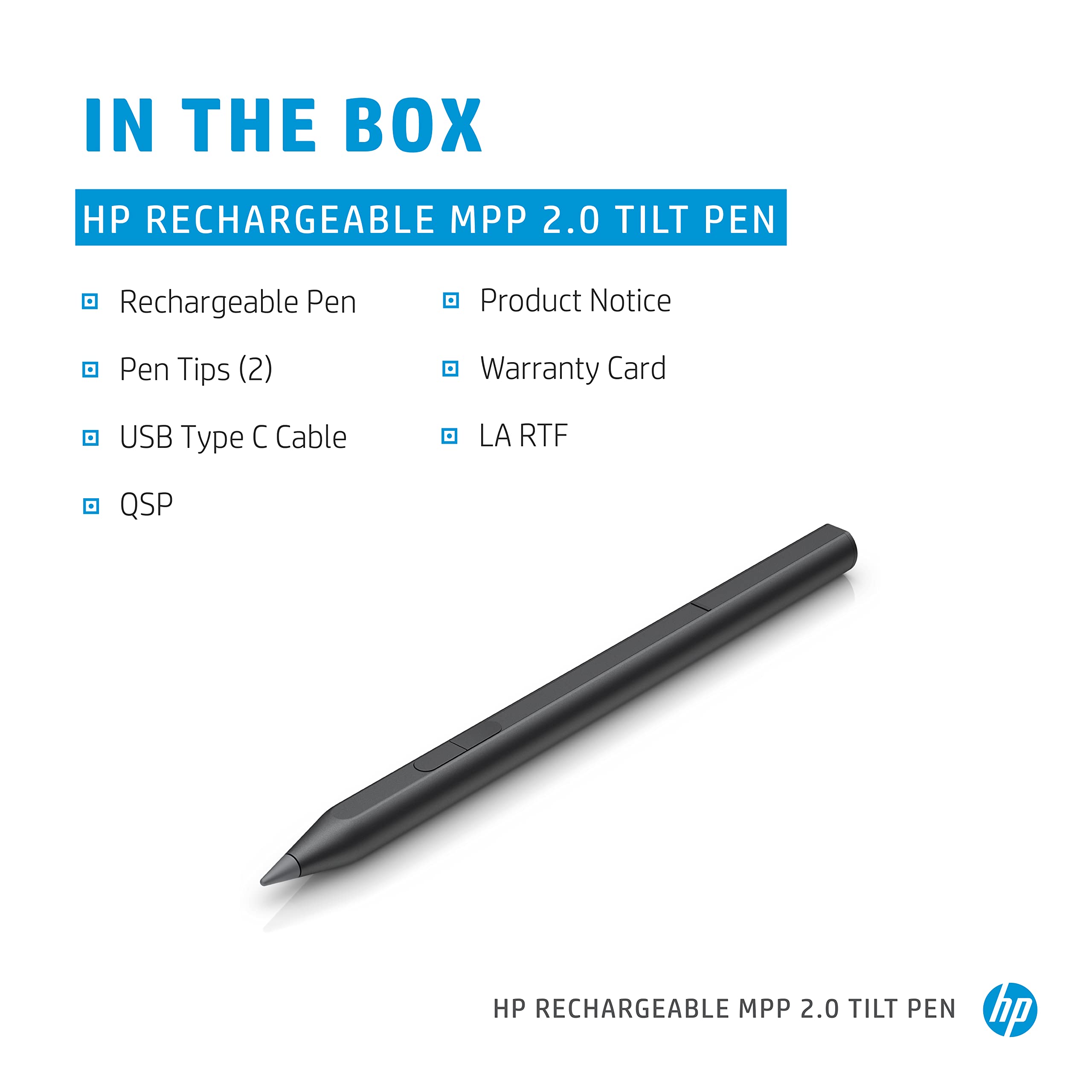HP Rechargeable MPP 2.0 Tilt Pen for Touch Screen Devices • Customizable and Compact Design with Magnetic Barrel • 1-Year Limited Warranty • Black (3J122AA)
