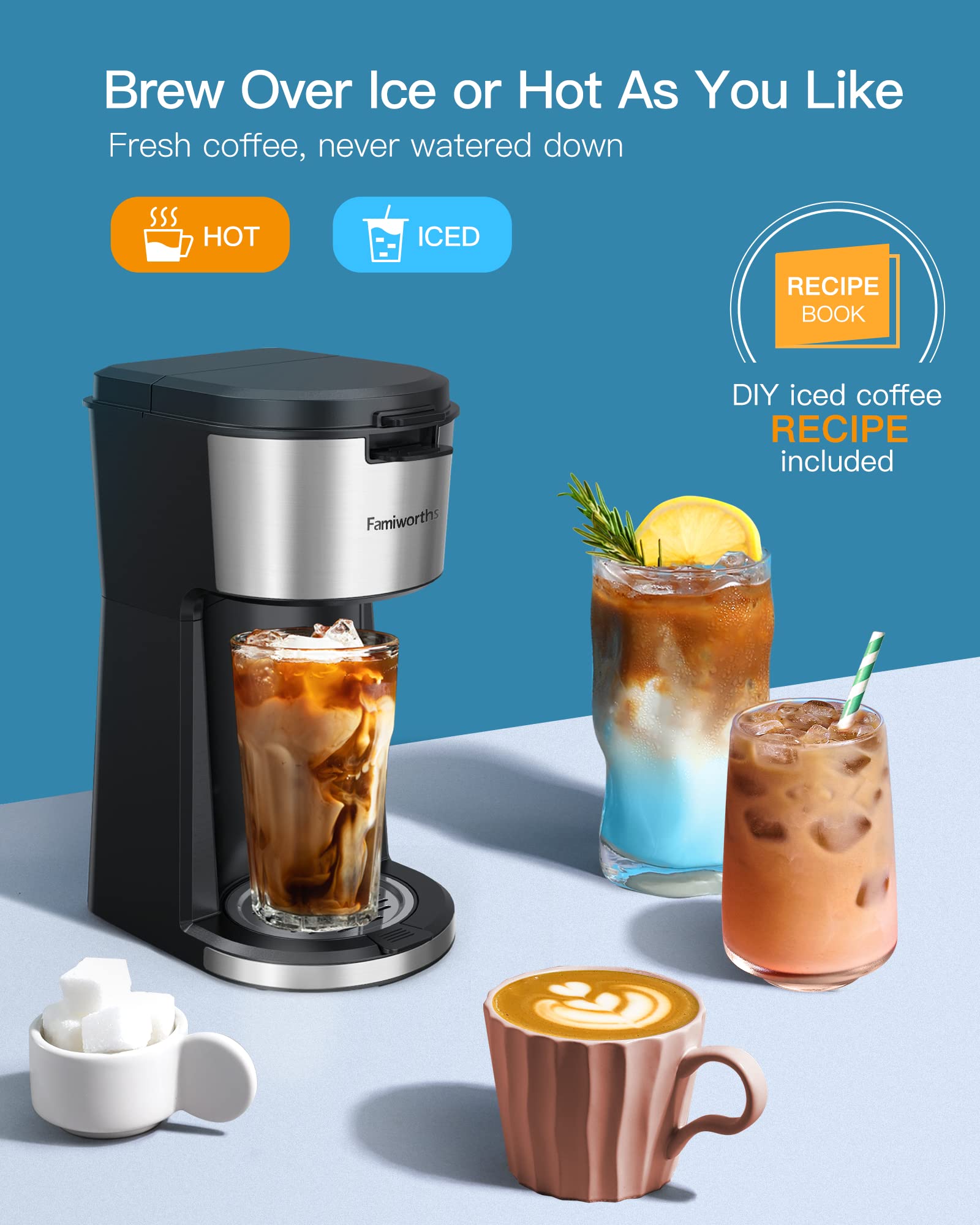 Famiworths Single Serve Coffee Maker, Iced and Hot Coffee Maker for K Cup & Ground Coffee, 6 to 14 Oz Brew Sizes, Iced Coffee Machine for Home, Office and RV, Black