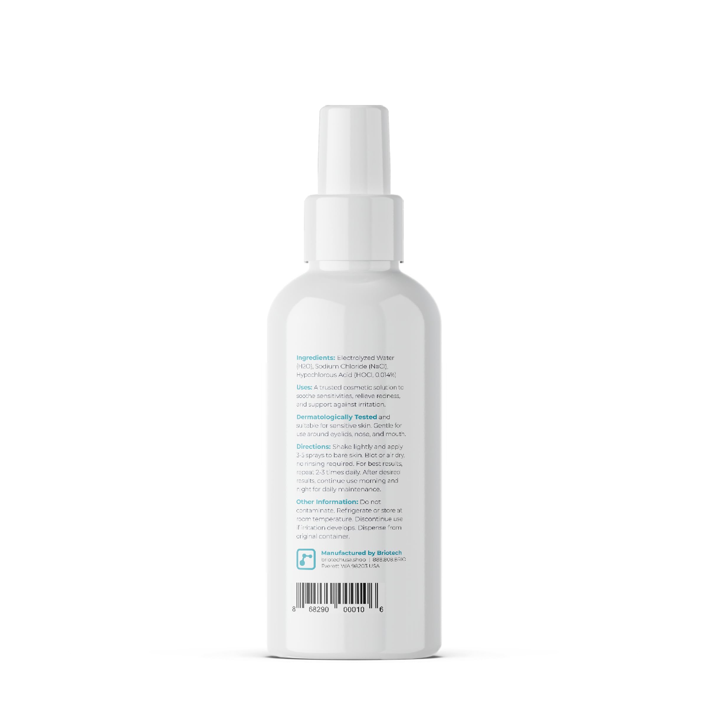 BRIOTECH Topical Skin Spray, Hypochlorous Acid Spray for Body & Face, Eyelid Cleanser, HOCl Facial Mist, Support Against Irritation and Redness, Stocking Stuffers, Packaging May Vary, 4 oz, 1 ct