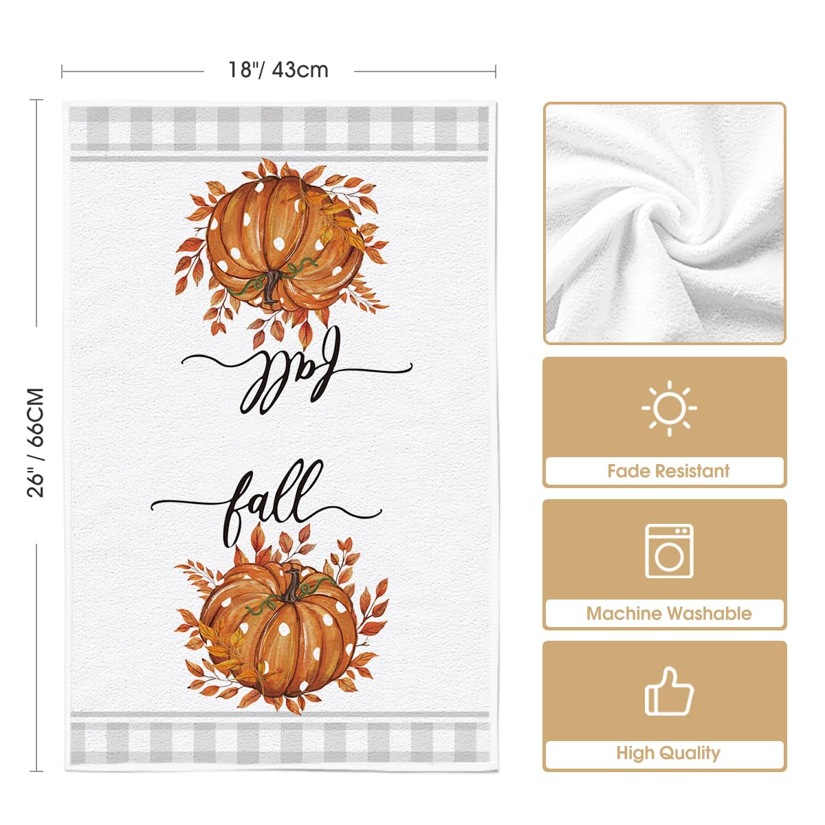 Artoid Mode Orange Buffalo Plaid Leaves Pumpkin Fall Kitchen Towels Dish Towels, 18x26 Inch Farmhouse Decoration Hand Towels Set of 2