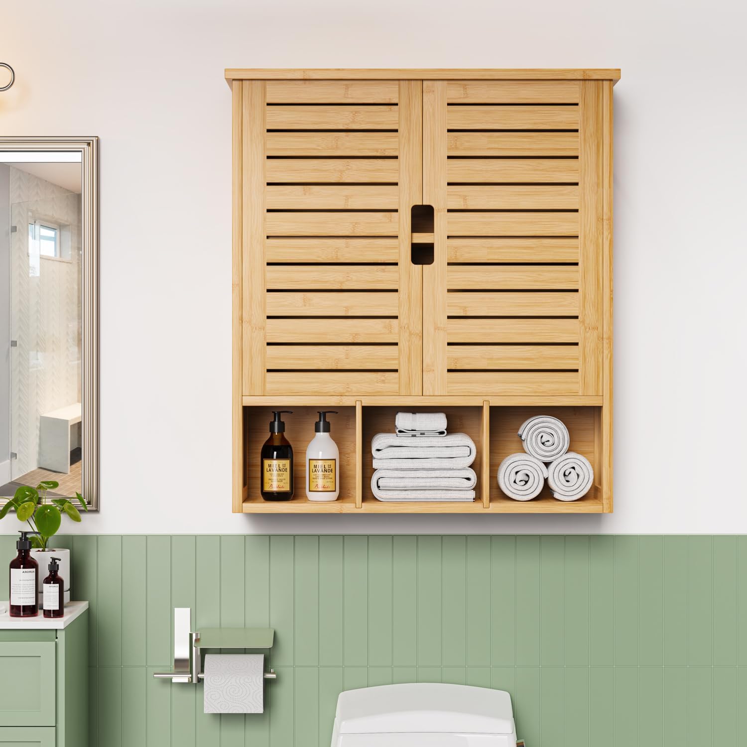 BAMBOOHOMIE Bathroom Wall Cabinet, Bamboo Medicine Cabinet Wall Mounted with 2 Doors & Adjustable Shelf, Over The Toilet Storage Cabinet for Bathroom Laundry Room Kitchen (Natural)